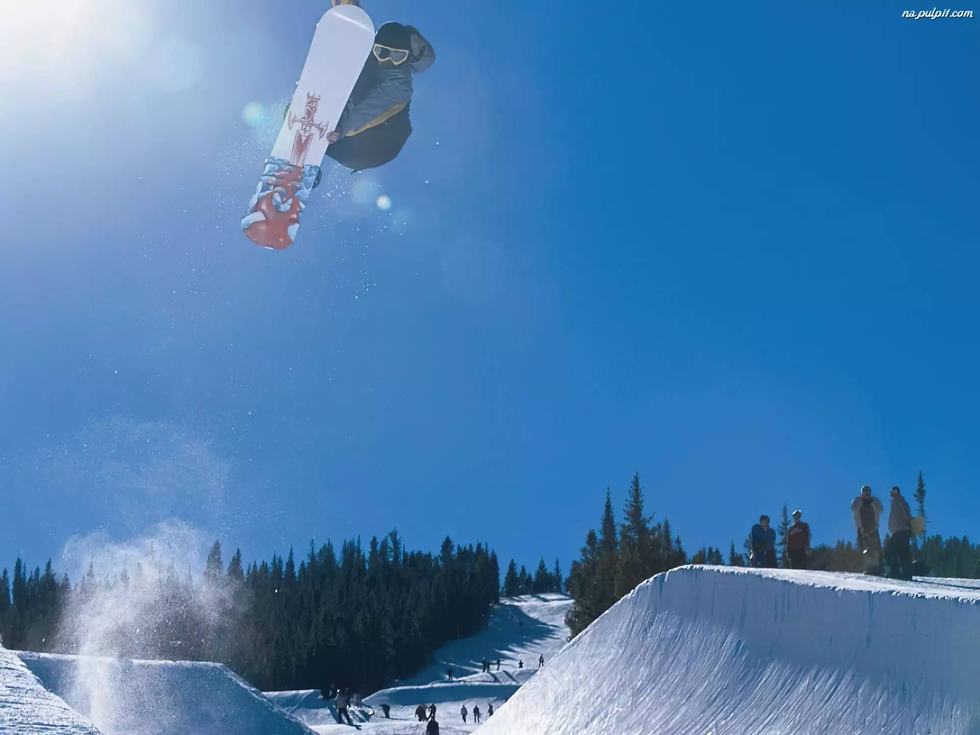 niebo, Snowbording, snowboardzista , deska, śnieg