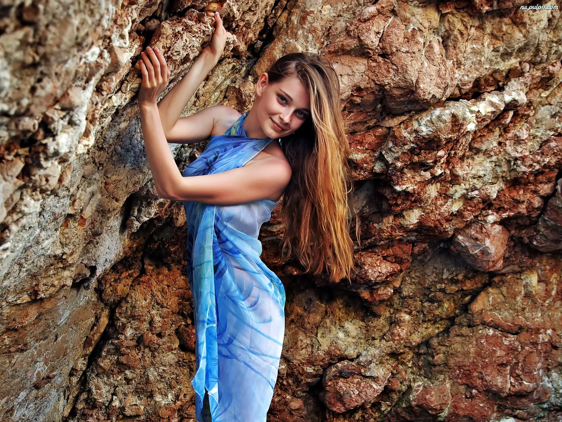 Modelka, Skały, Niebieska, Sukienka